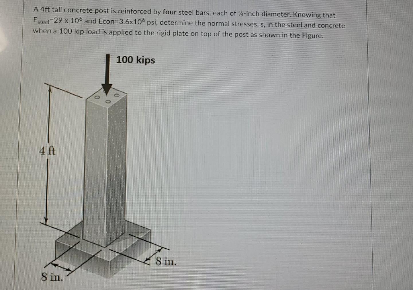 Solved A 4ft tall concrete post is reinforced by four steel | Chegg.com