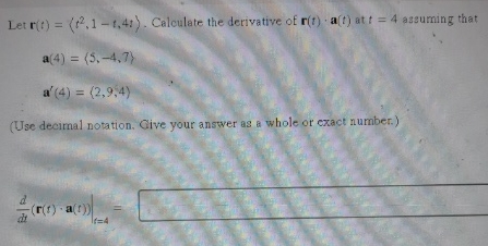Solved Let r(t)=(:t2,1-t,4t). ﻿Calculate the derivative of | Chegg.com