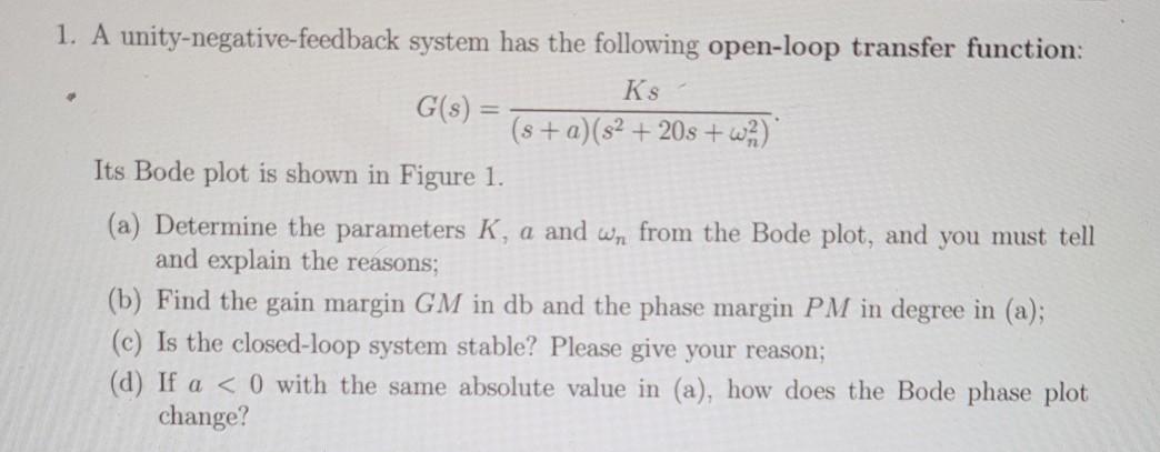 Solved 1. A unity-negative feedback system has the following | Chegg.com
