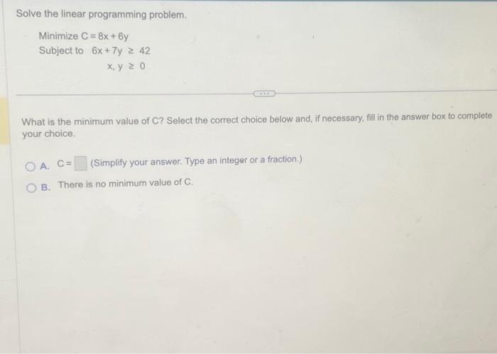 Solved Solve the linear programming problem. Minimize C= 8x | Chegg.com
