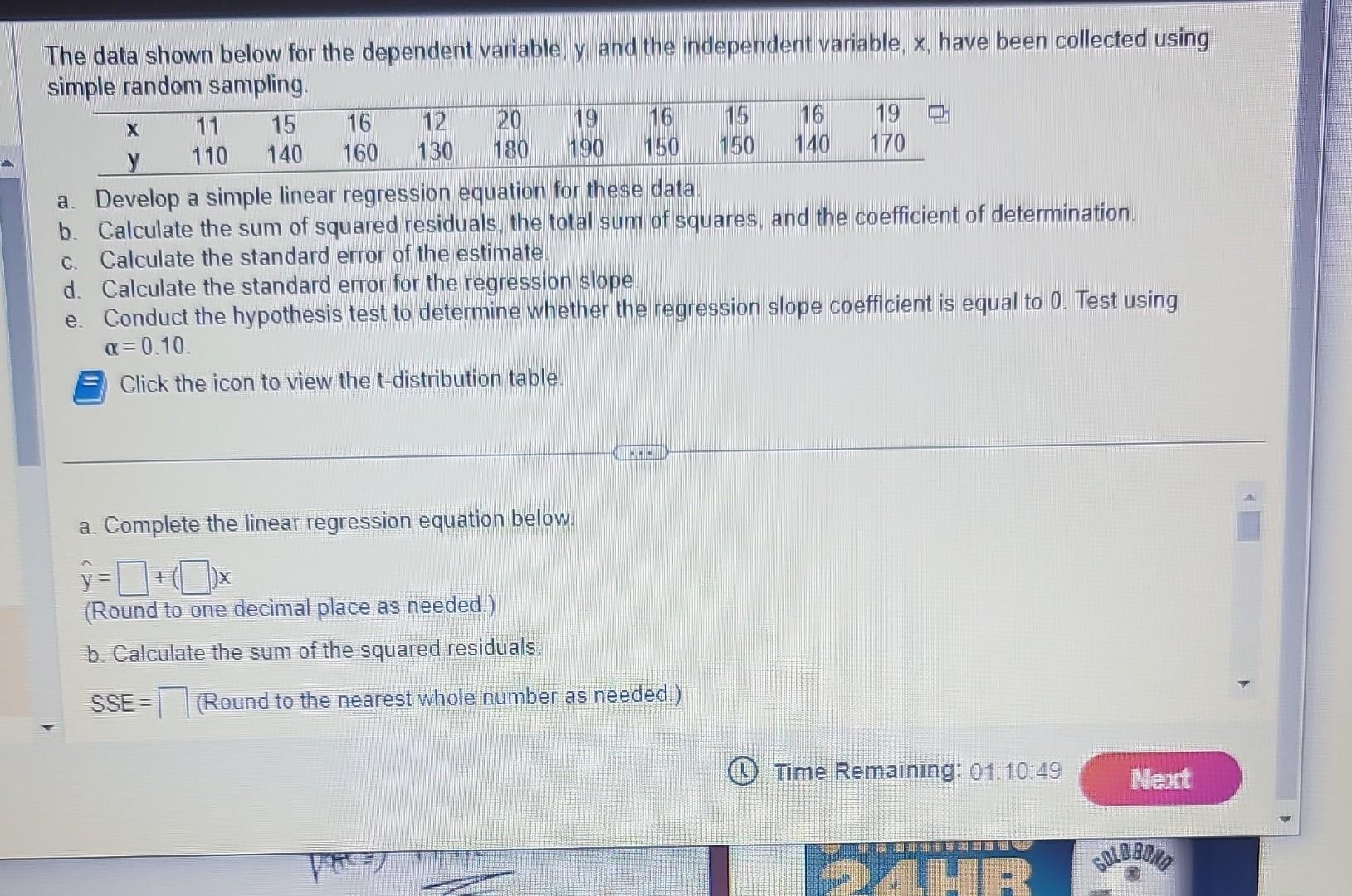 Solved The data shown below for the dependent variable, y, | Chegg.com