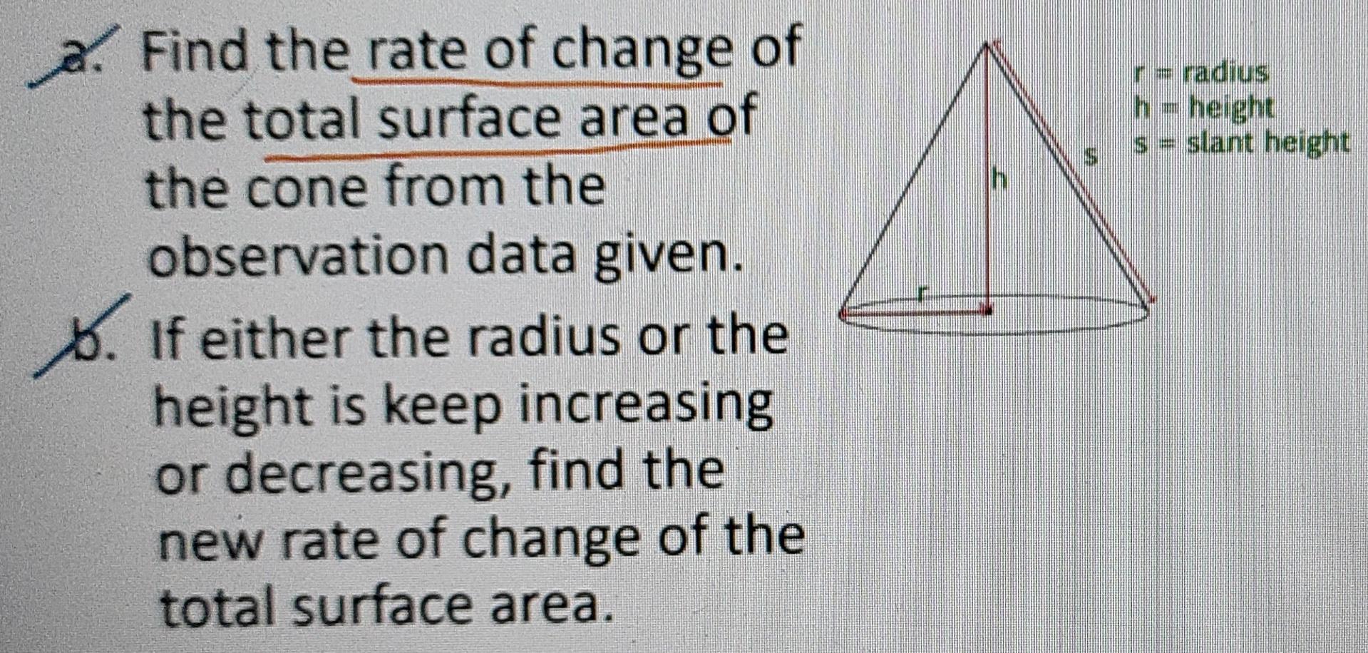 Solved area radius h = height $ = slant height Figure 1 | Chegg.com
