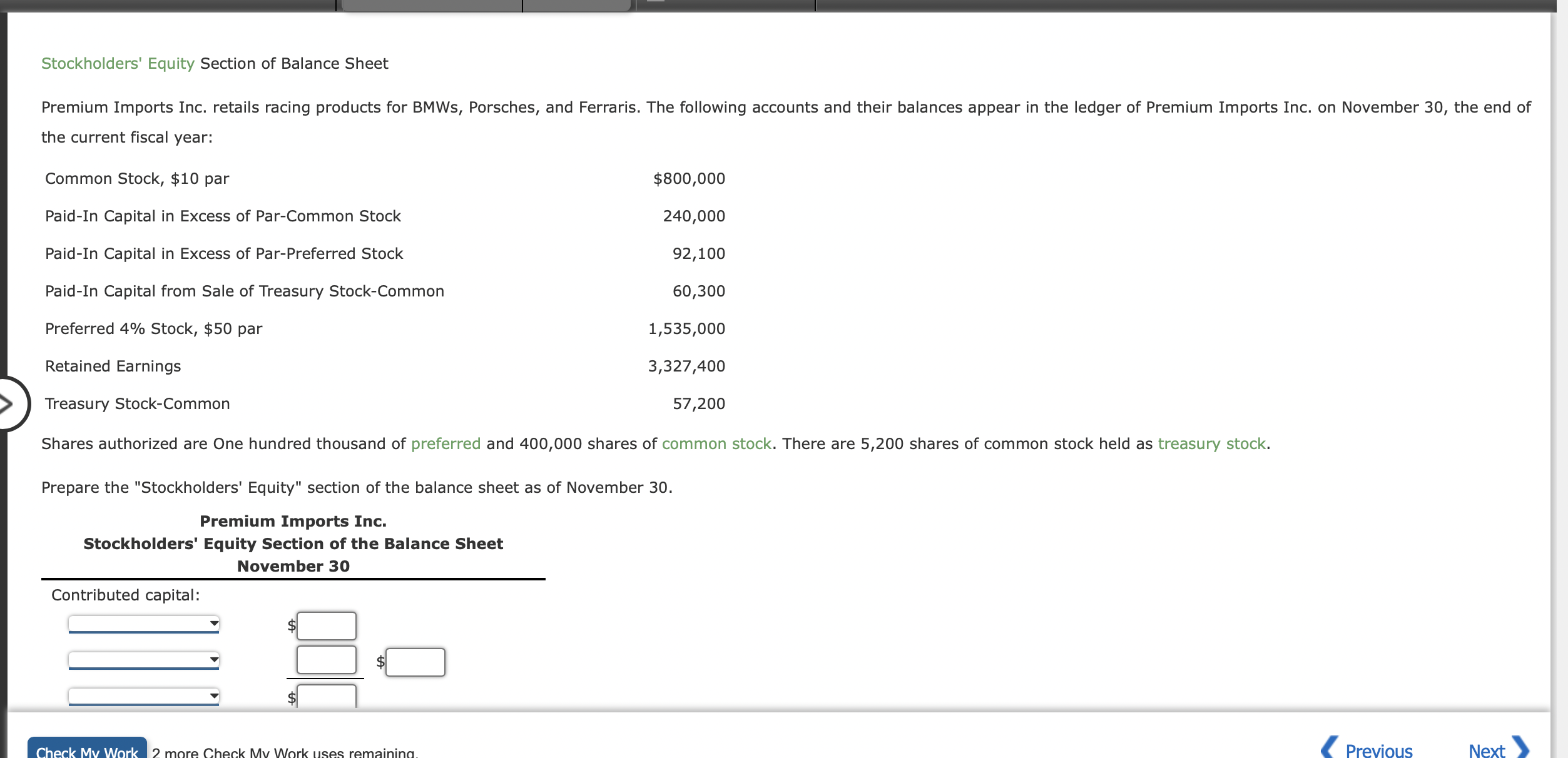 Solved Stockholders' Equity Section of Balance Sheet | Chegg.com