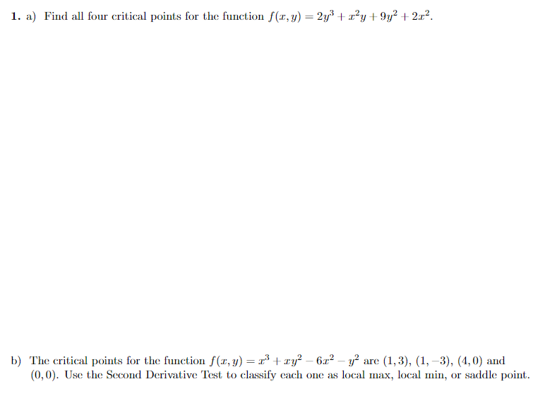 Solved 1. a) Find all four critical points for the function | Chegg.com