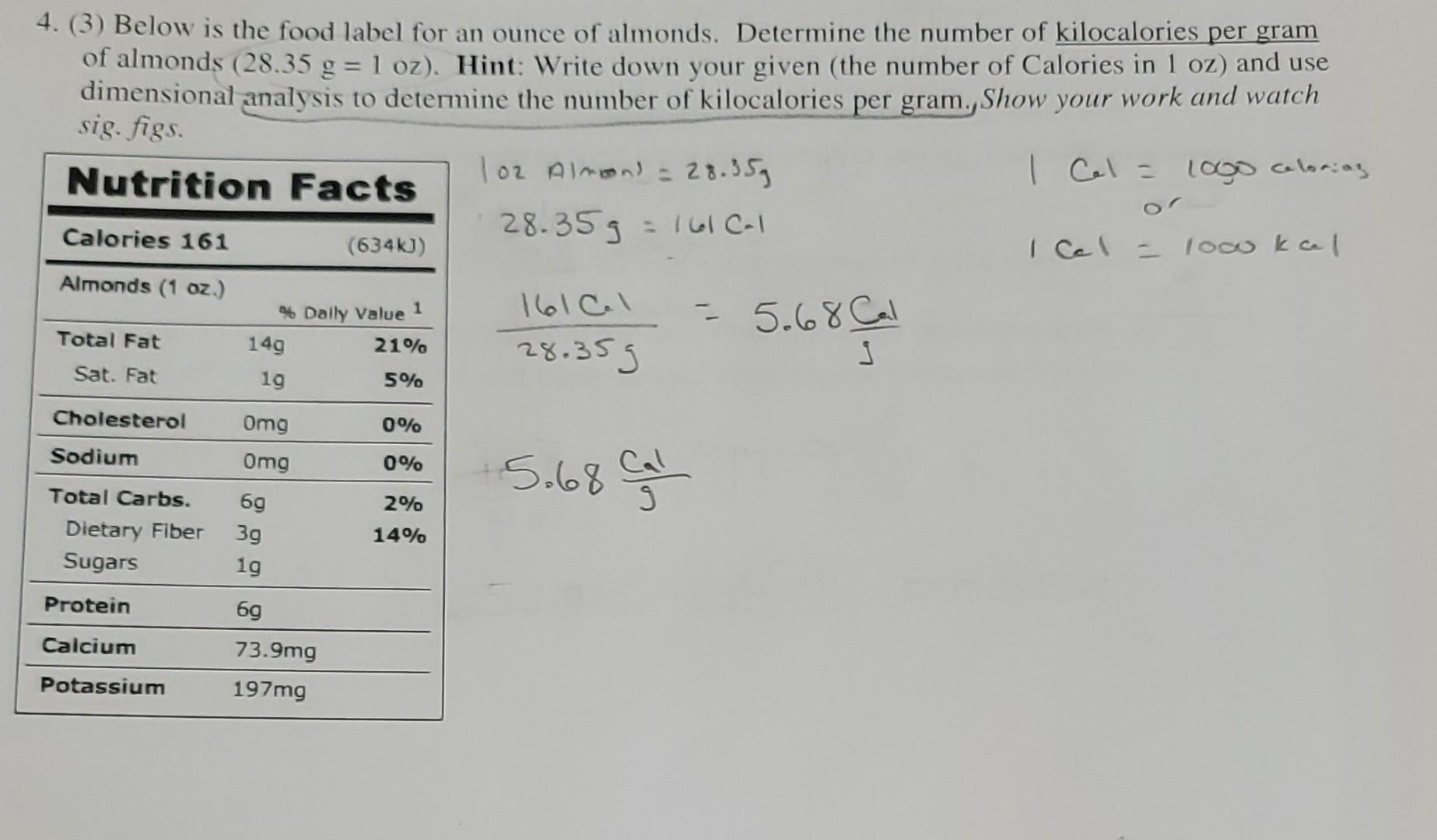 Solved (3) Below is the food label for an ounce of almonds. | Chegg.com