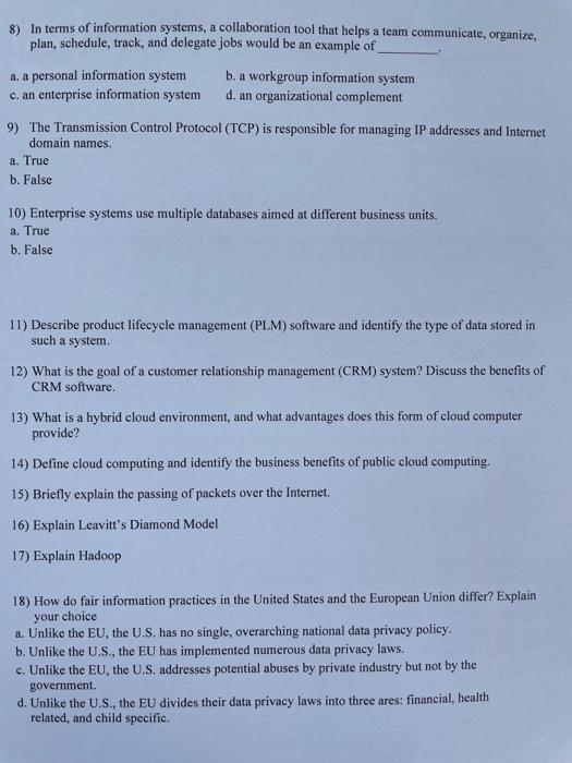8) In terms of information systems, a collaboration | Chegg.com