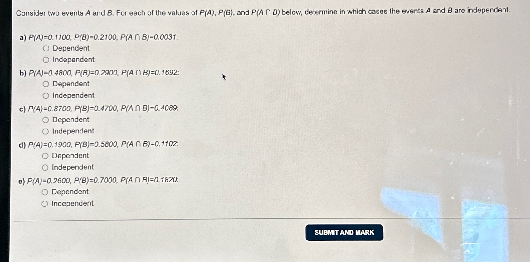 Solved Consider two events A and B. ﻿For each of the values | Chegg.com