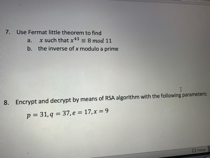 Solved 7. Use Fermat little theorem to find a. x such that | Chegg.com