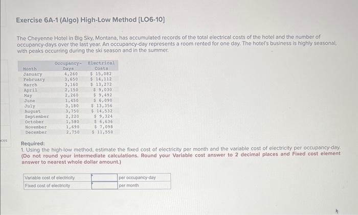 Solved Exercise 6A-1 (Algo) High-Low Method [LO6-10] The | Chegg.com