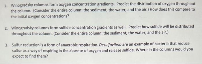 1. Winogradsky columns form oxygen concentration | Chegg.com