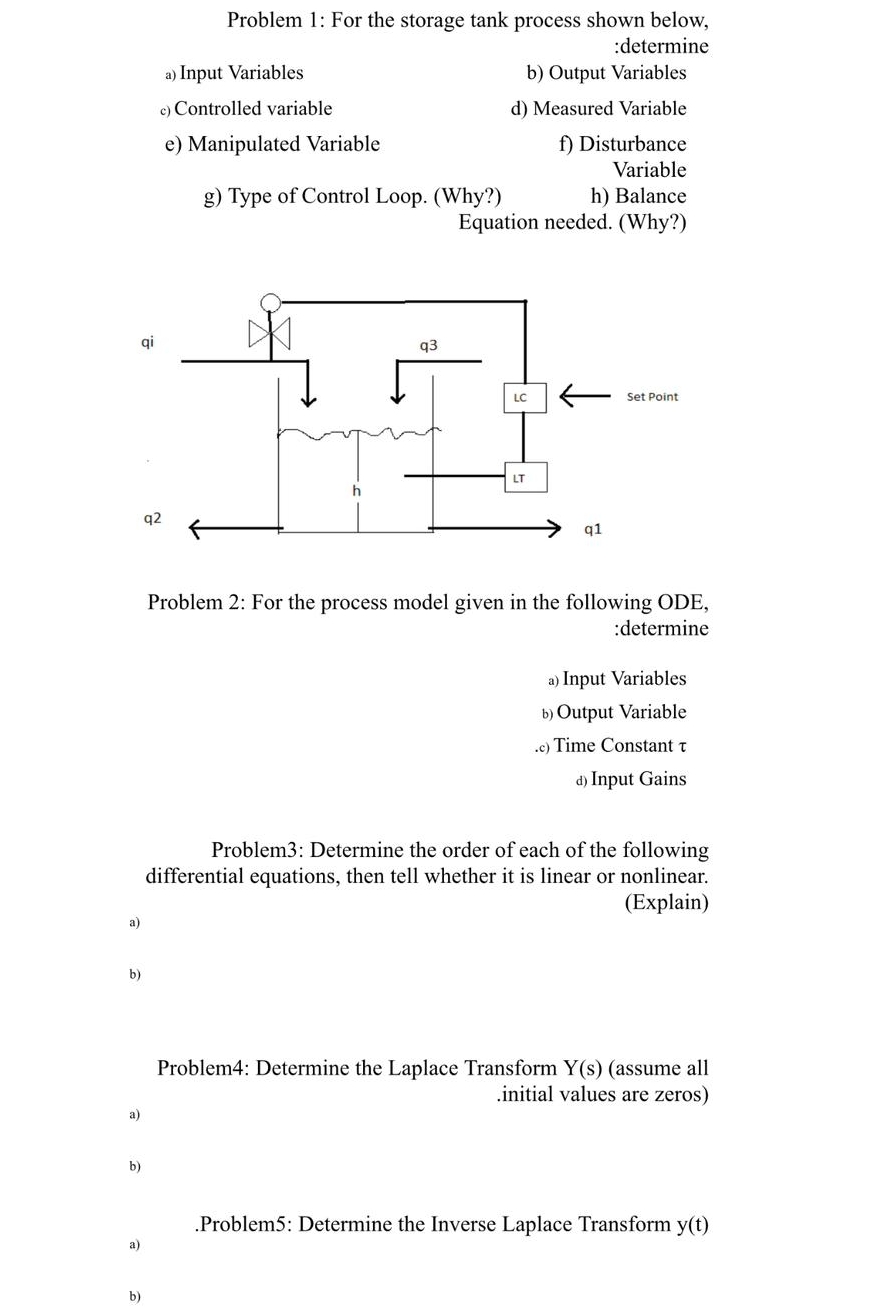 Solved Problem 1: For the storage tank process shown below, | Chegg.com