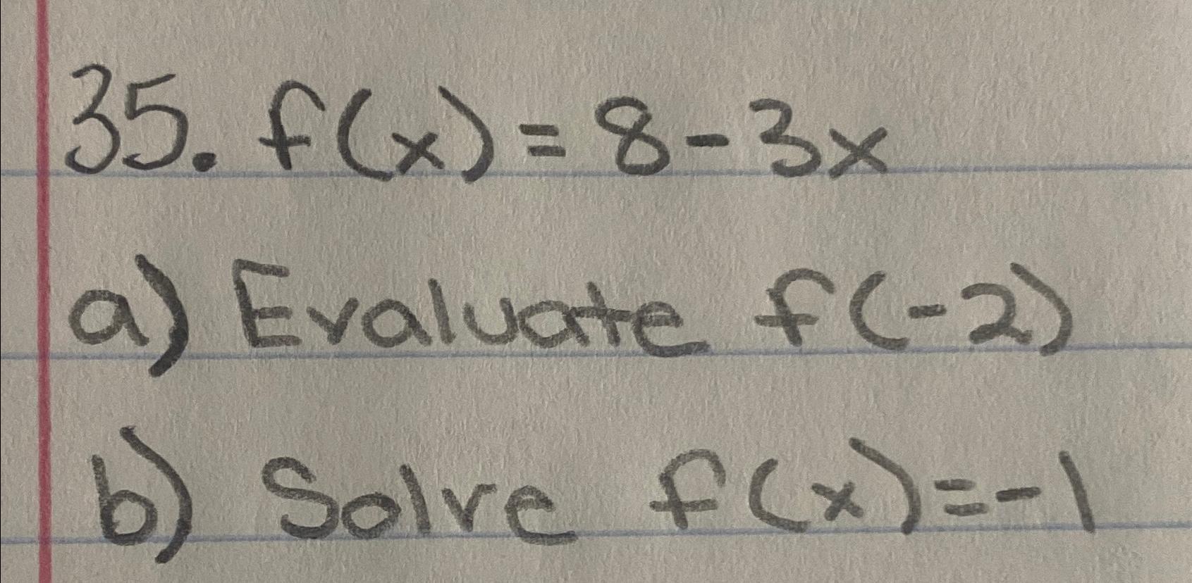 Solved f(x)=8-3xa) ﻿Evaluate f(-2)b) ﻿Solve f(x)=-1 | Chegg.com