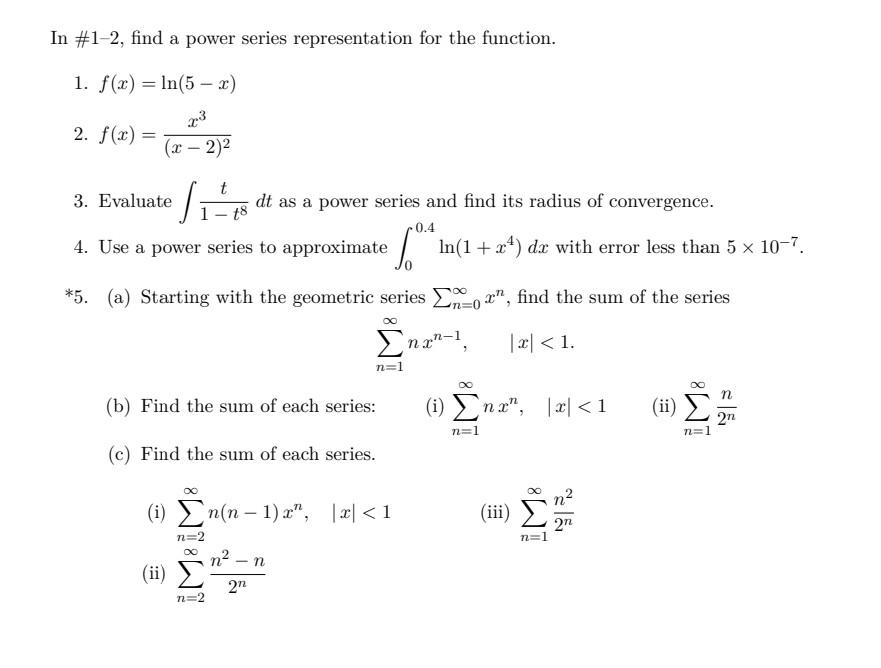 Solved In \#1-2, find a power series representation for the | Chegg.com