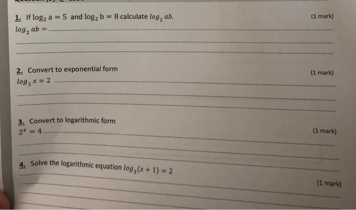 Solved 1. If logz a = 5 and log2 b = 8 calculate log, ab. (1 | Chegg.com