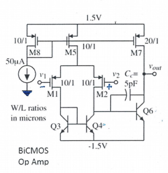 A two-stage BiCMOS op amp is shown. For the PMOS | Chegg.com