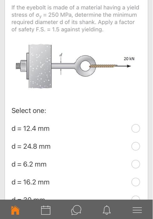 Solved If the eyebolt is made of a material having a yield | Chegg.com