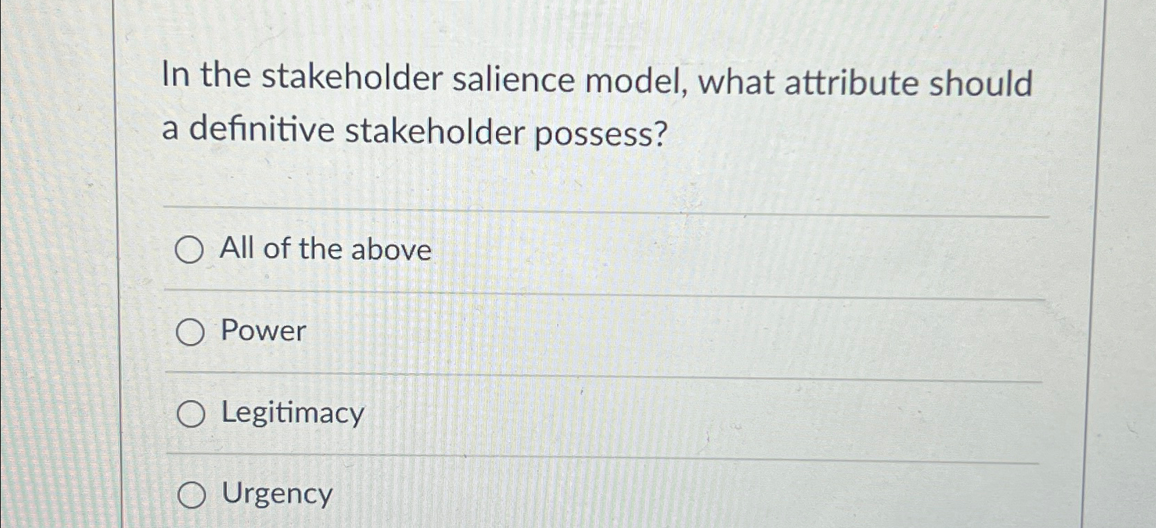 Solved In the stakeholder salience model, what attribute | Chegg.com