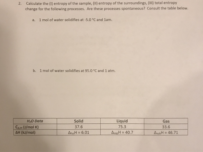 Solved 2. Calculate the (1) entropy of the sample, (II) | Chegg.com