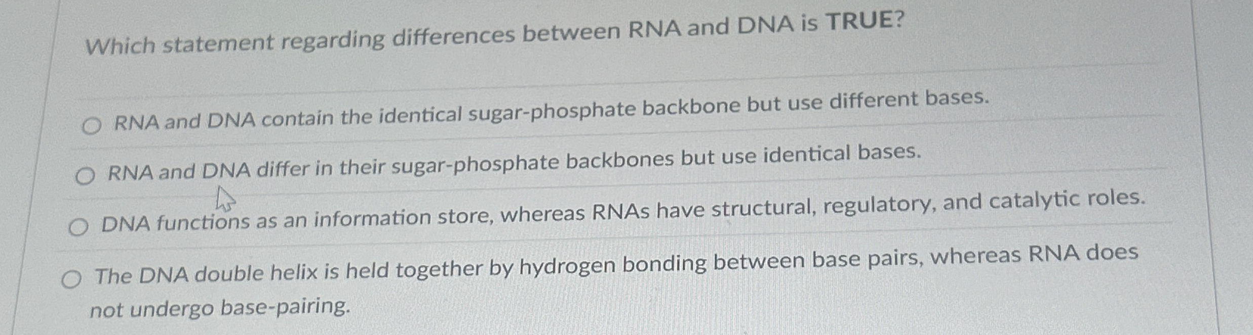 Solved Which statement regarding differences between RNA and | Chegg.com