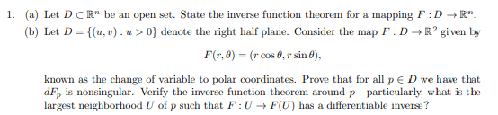 Solved (a) ﻿Let DsubRn ﻿be an open set. State the inverse | Chegg.com