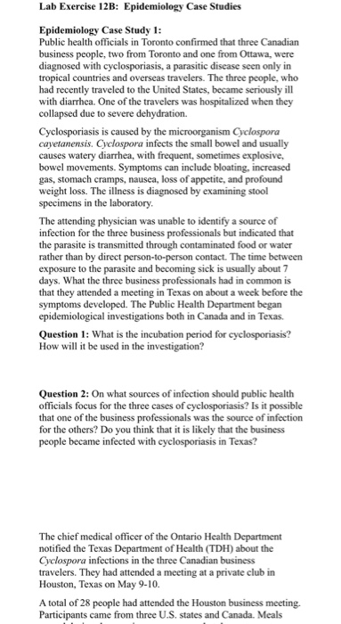 Lab Exercise 12B: Epidemiology Case Studies | Chegg.com