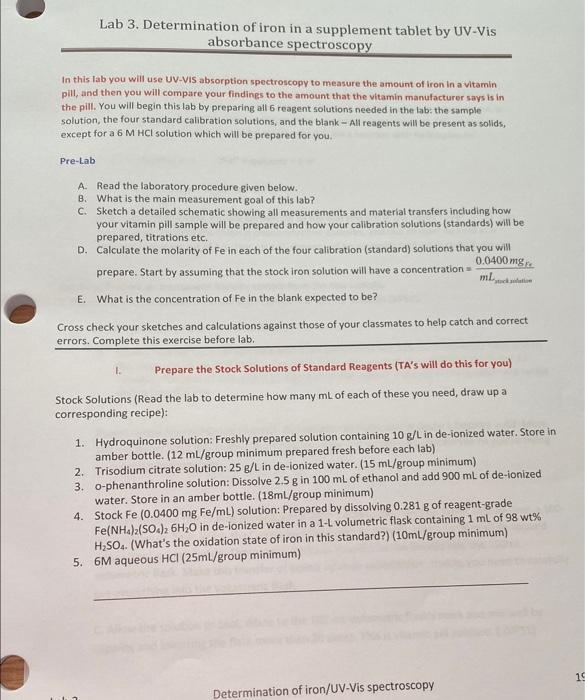 Solved Lab 3 . Determination of iron in a supplement tablet | Chegg.com