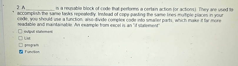 Solved A ﻿is a reusable block of code that performs a | Chegg.com