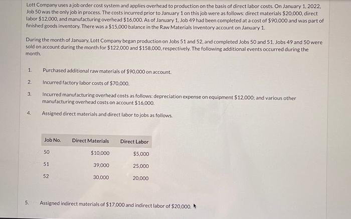 Solved Lott Company uses a job order cost system and applies | Chegg.com