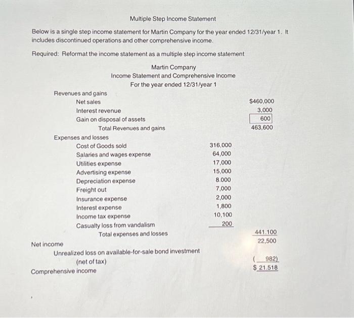Solved Multiple Step Income Statement Below is a single step | Chegg.com