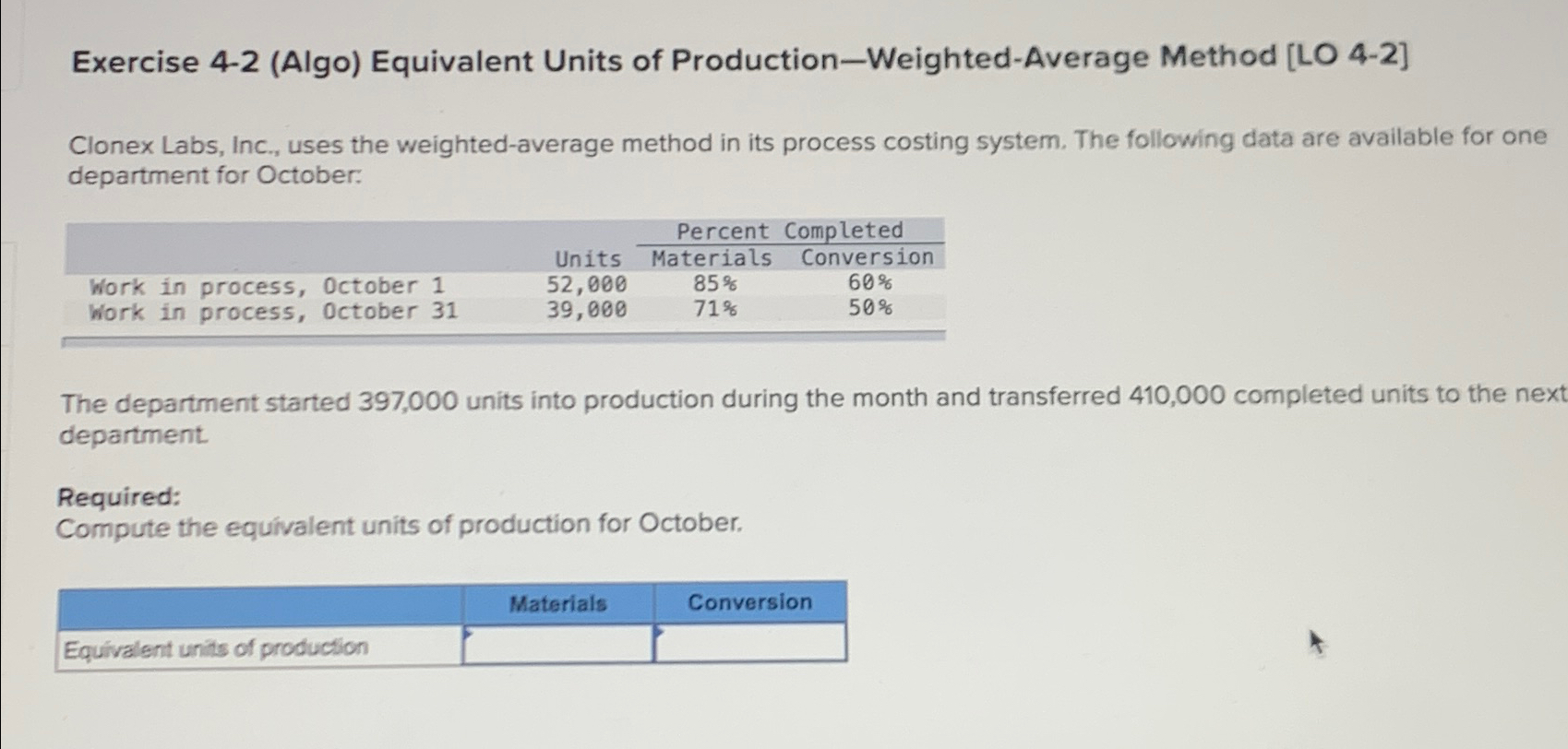 Solved Exercise 4-2 (Algo) ﻿Equivalent Units of | Chegg.com