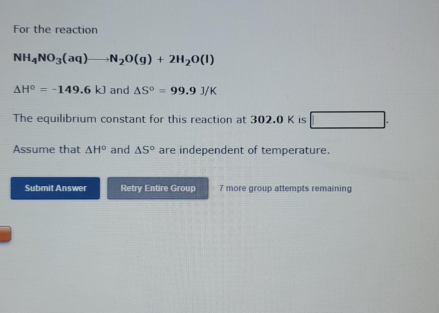 Solved For the reaction NH4NO3(aq) →N₂O(g) + 2H₂O(1) AHO == | Chegg.com