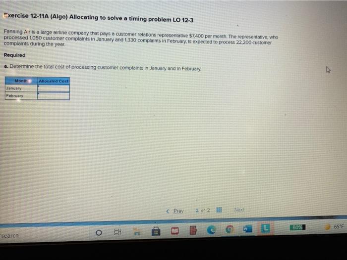 Solved Exercise 12-11A (Algo) Allocating to solve a timing | Chegg.com