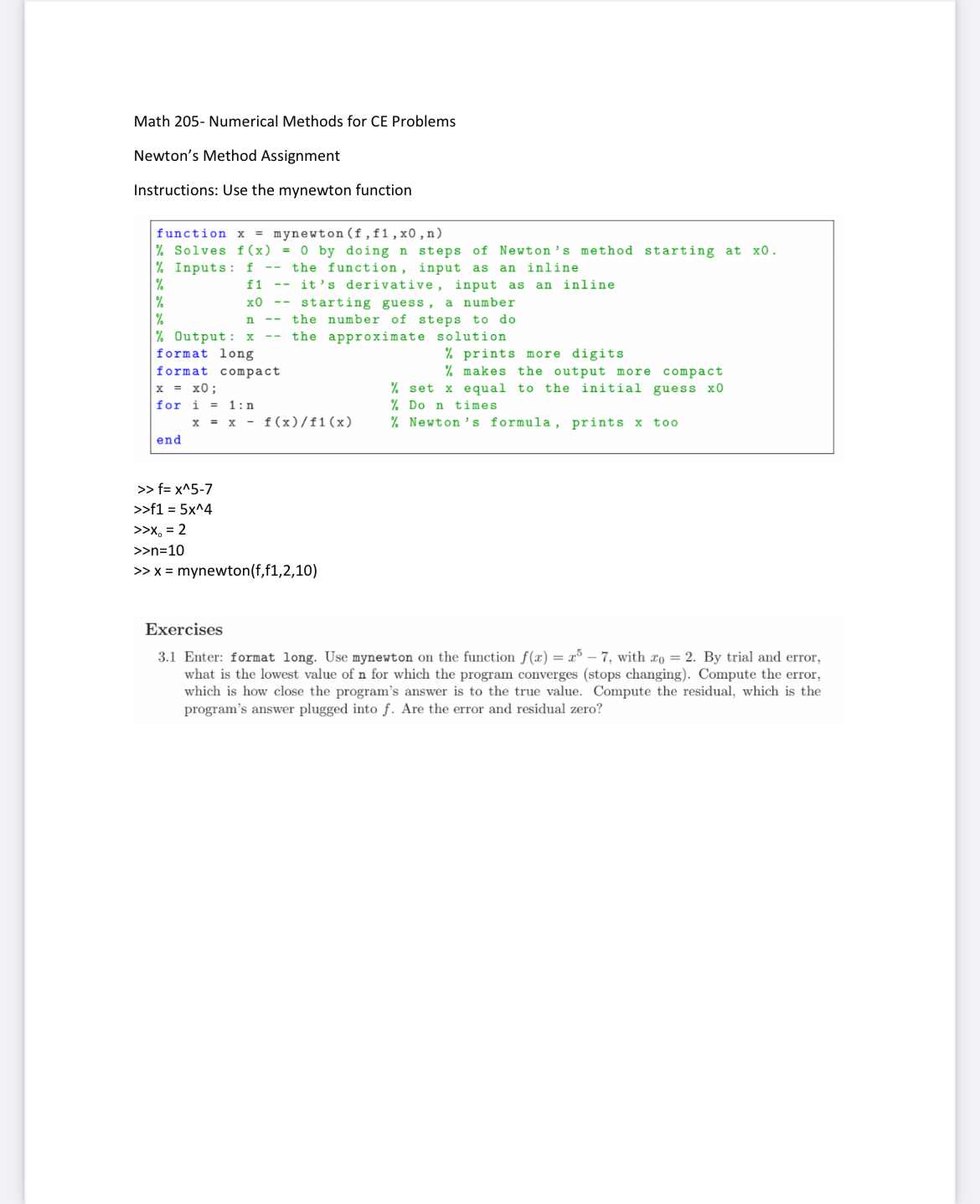 Solved Math 205- ﻿Numerical Methods for CE ProblemsNewton's | Chegg.com