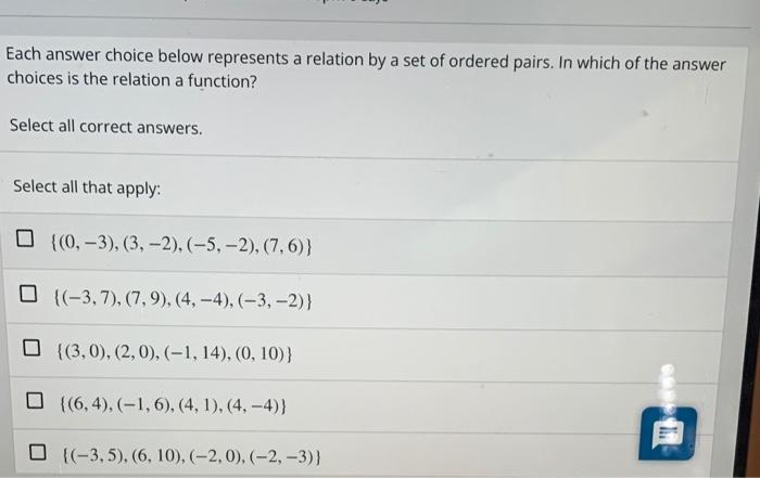 Solved Each answer choice below represents a relation by a | Chegg.com