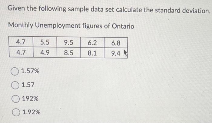 Solved Given the following sample data set calculate the | Chegg.com