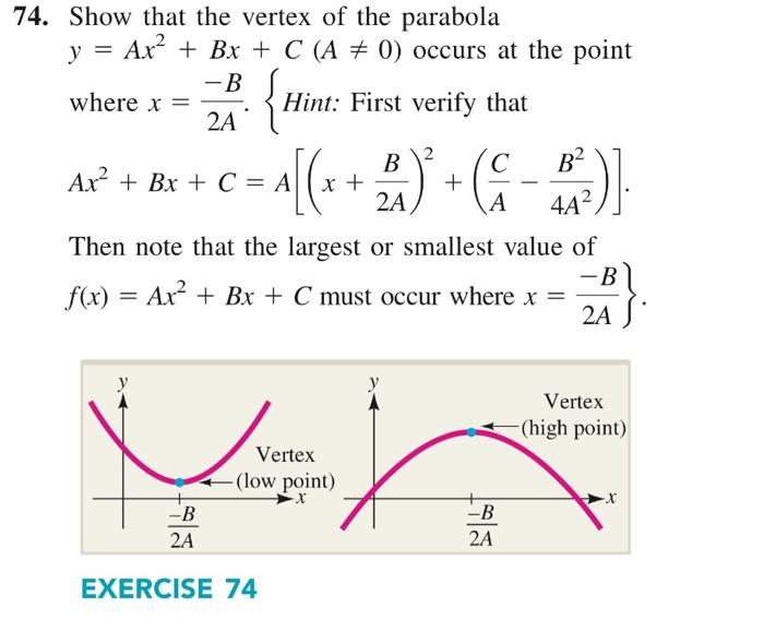 Solved y=Ax2+Bx+C(A =0) occurs at the point where x=2A−B.{ | Chegg.com