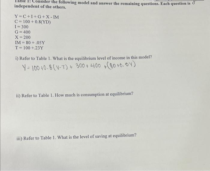 Solved 1able 1: Consider the following model and answer the | Chegg.com