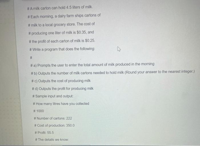 Solved # A milk carton can hold 4.5 liters of milk. # Each | Chegg.com