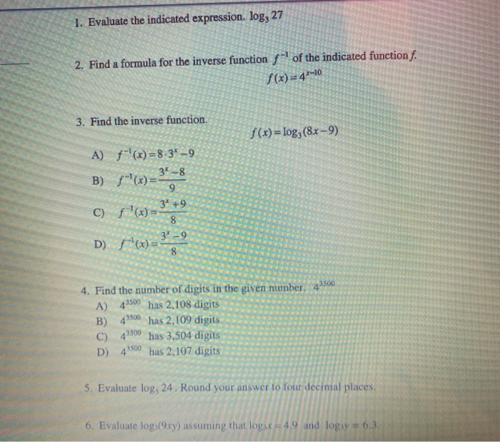 Solved 1. Evaluate the indicated expression, log, 27 2. Find | Chegg.com