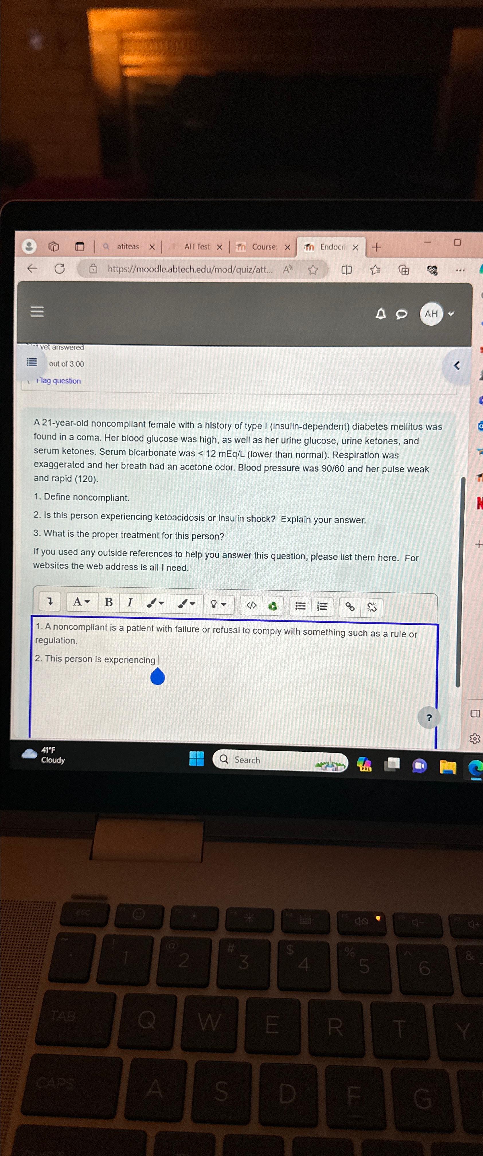 Solved A 21-year-old noncompliant female with a history of | Chegg.com