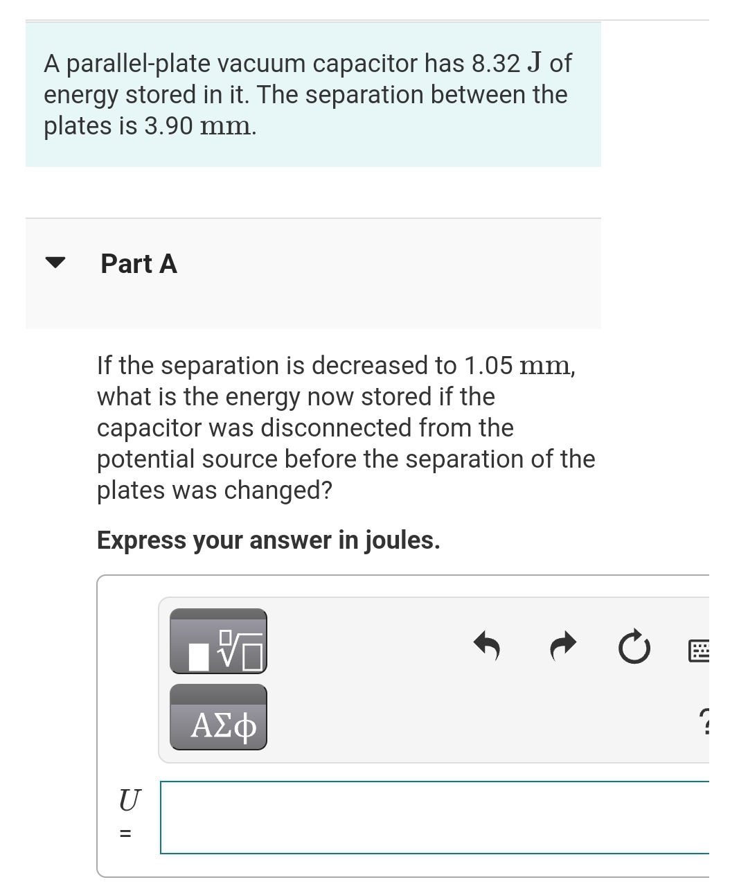 Solved A parallel-plate vacuum capacitor has 8.32 ﻿J of | Chegg.com