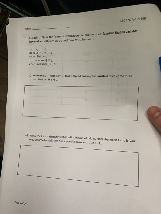 Solved CSC 126 Fall 20198 Name: 1) (35 points) Given the | Chegg.com