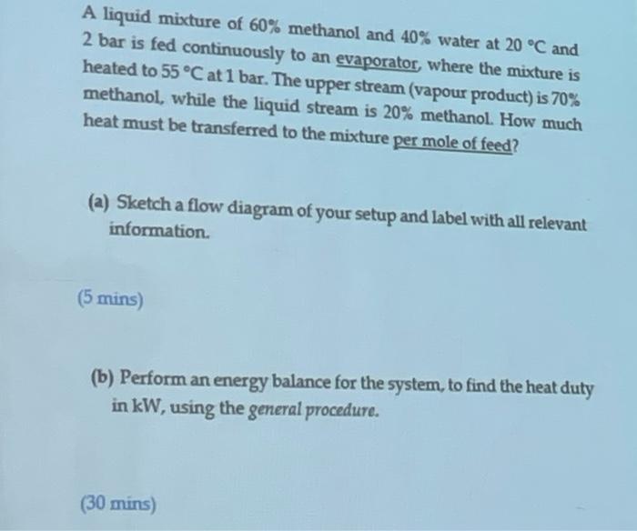 Solved A liquid mixture of 60% methanol and 40% water at 20 | Chegg.com