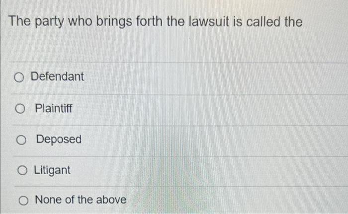 Solved The party who brings forth the lawsuit is called the | Chegg.com