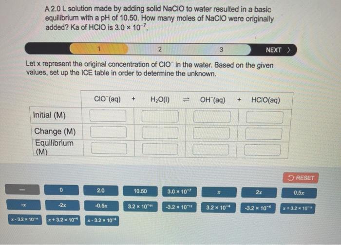 Solved A 2.0L solution made by adding solid NaClO to water | Chegg.com
