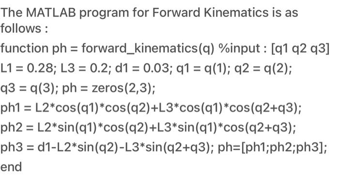 Solved The MATLAB program for Forward Kinematics is as | Chegg.com