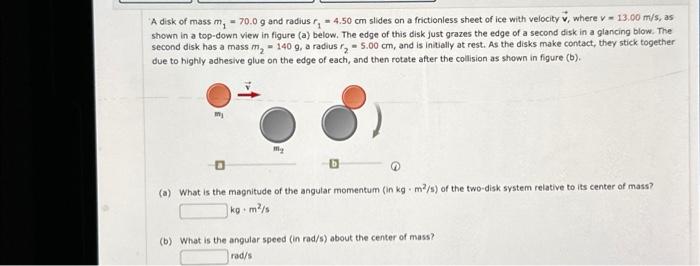 Solved A disk of mass m1=70.0 g and radius r1=4.50 cm slides | Chegg.com