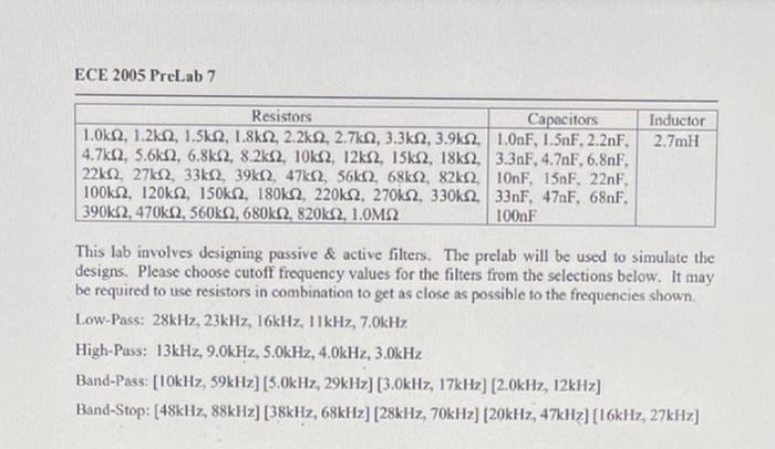Solved ECE 2005 PreLab 7 This lab involves designing passive | Chegg.com