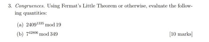 Solved 3. Congruences. Using Fermat's Little Theorem or | Chegg.com