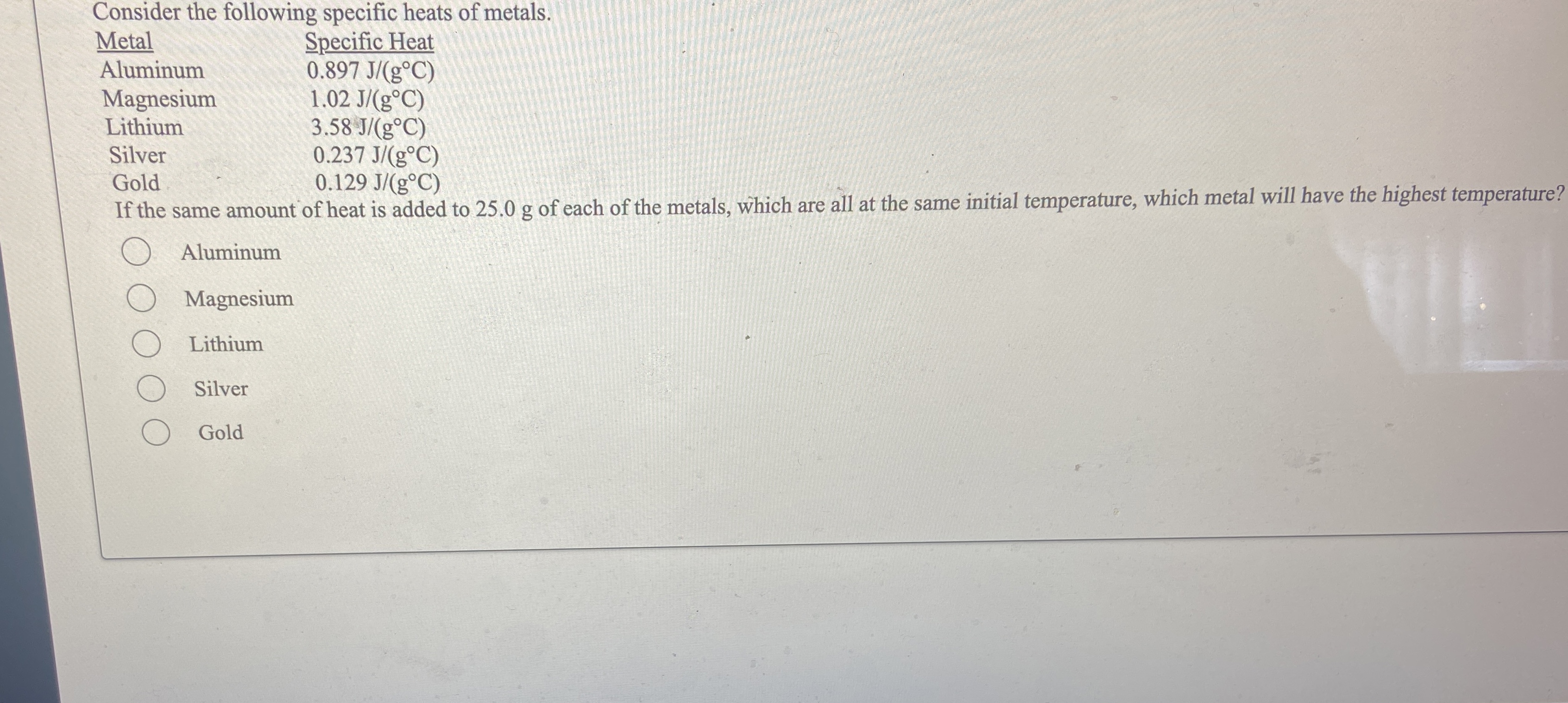 Solved Consider the following specific heats of | Chegg.com